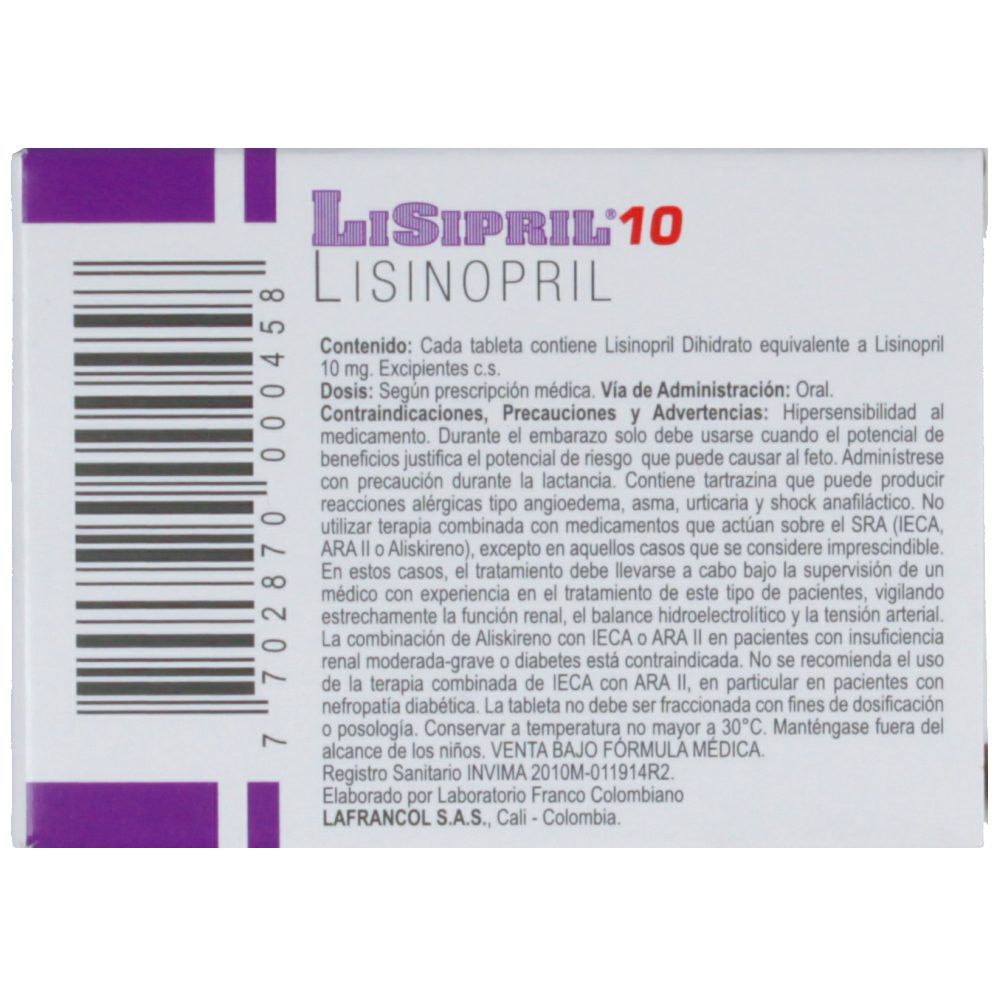 Lisipril 10Mg Caja X 10 Tabletas