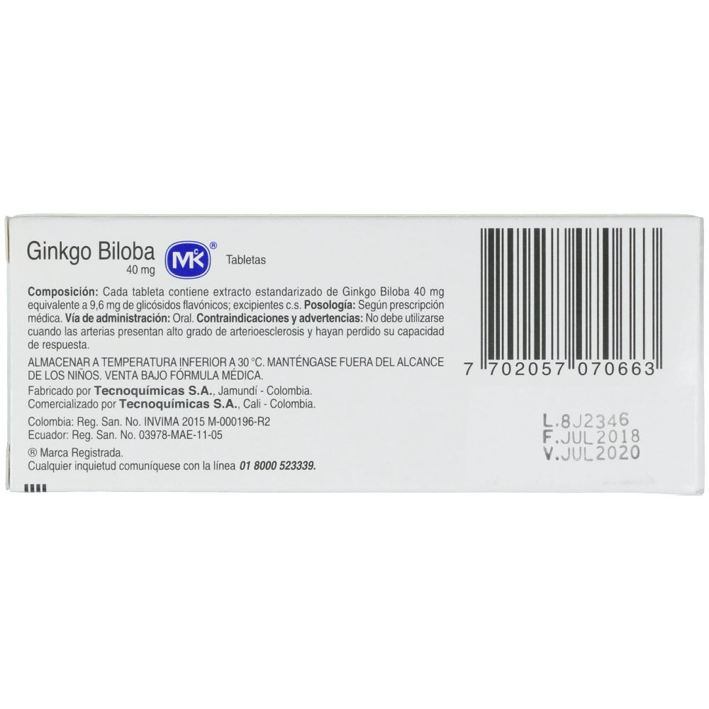 Ginkgo Biloba Mk 40Mg Caja X 20 Tabletas