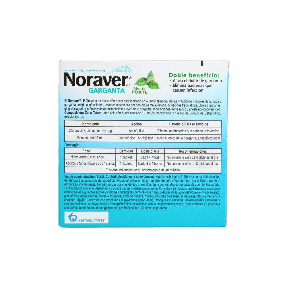 Noraver-P Garganta Tabletas Masticable Sabor Menta 10Mg + 1,4Mg Caja X 12