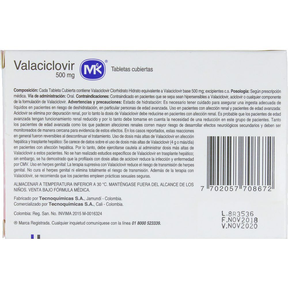 Valaciclovir Mk 500Mg Caja X 10 Tabletas Recubiertas