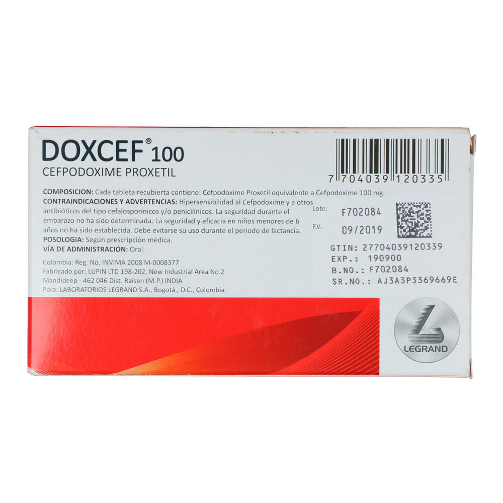 Doxcef 100Mg Caja X 20 Tabletas Recubiertas