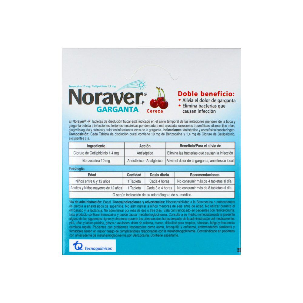 Noraver Garganta Doble Beneficio Tabletas Masticables Sabor A Cereza ...
