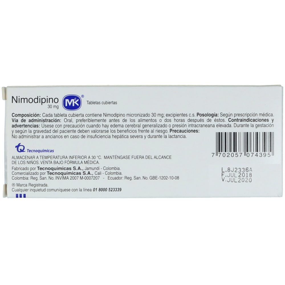 Nimodipino Mk 30Mg Caja X 20 Tabletas