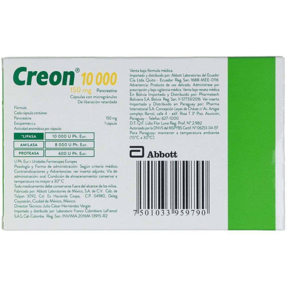 Creon 10000 150Mg(8000+10000+600)Ui Caja X 20 Cápsulas Liberación Retardada