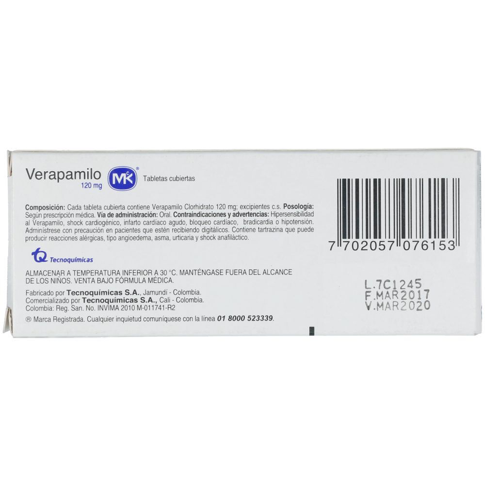 Verapamilo 120Mg TabletasRecubiertas Caja X 30 Mk