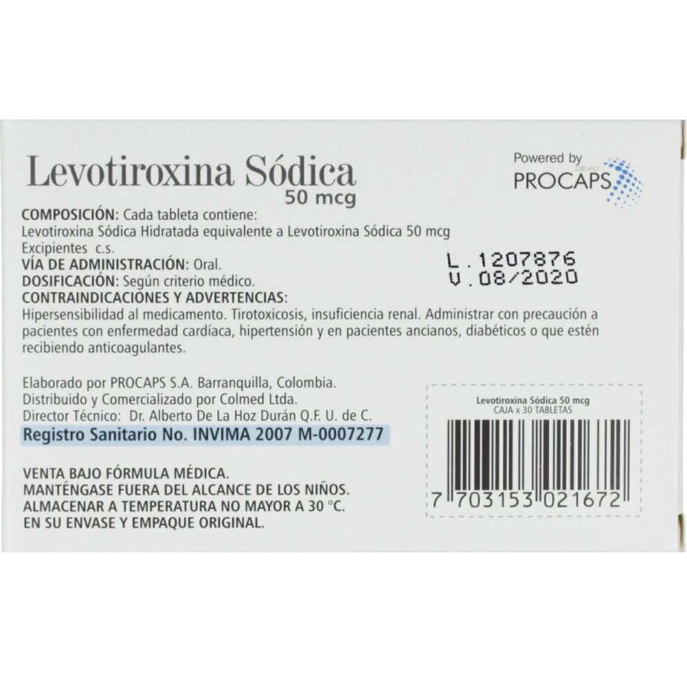 Levotiroxina Sódica Tabletas Colmed International 50Mcg Caja X 30 Tabletas
