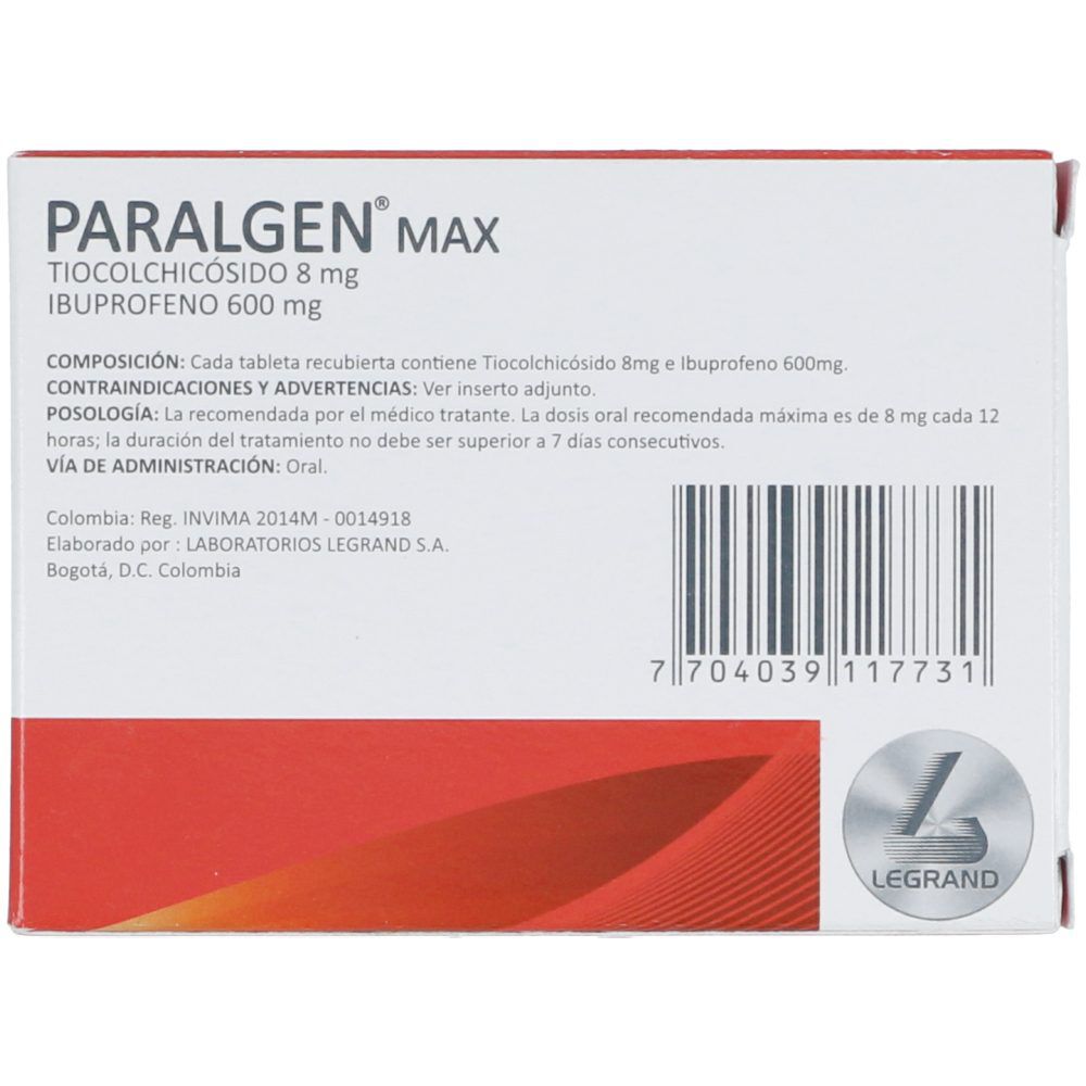 Paralgen Max (600+8)Mg Caja X 10 Tabletas Recubiertas