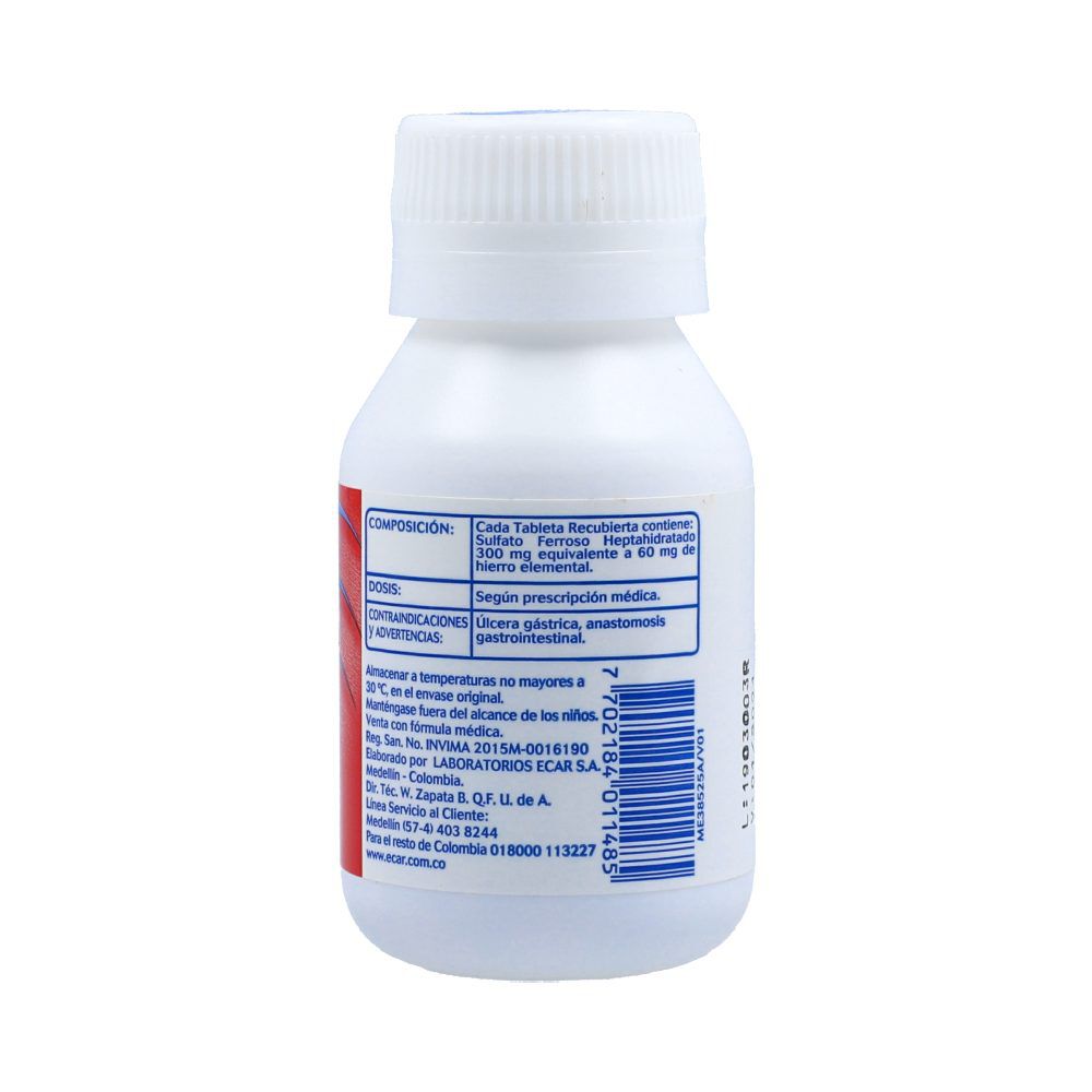Sulfato Ferroso 300Mg Tabletas Recubiertas Frasco X 100 Tabletas Ecar