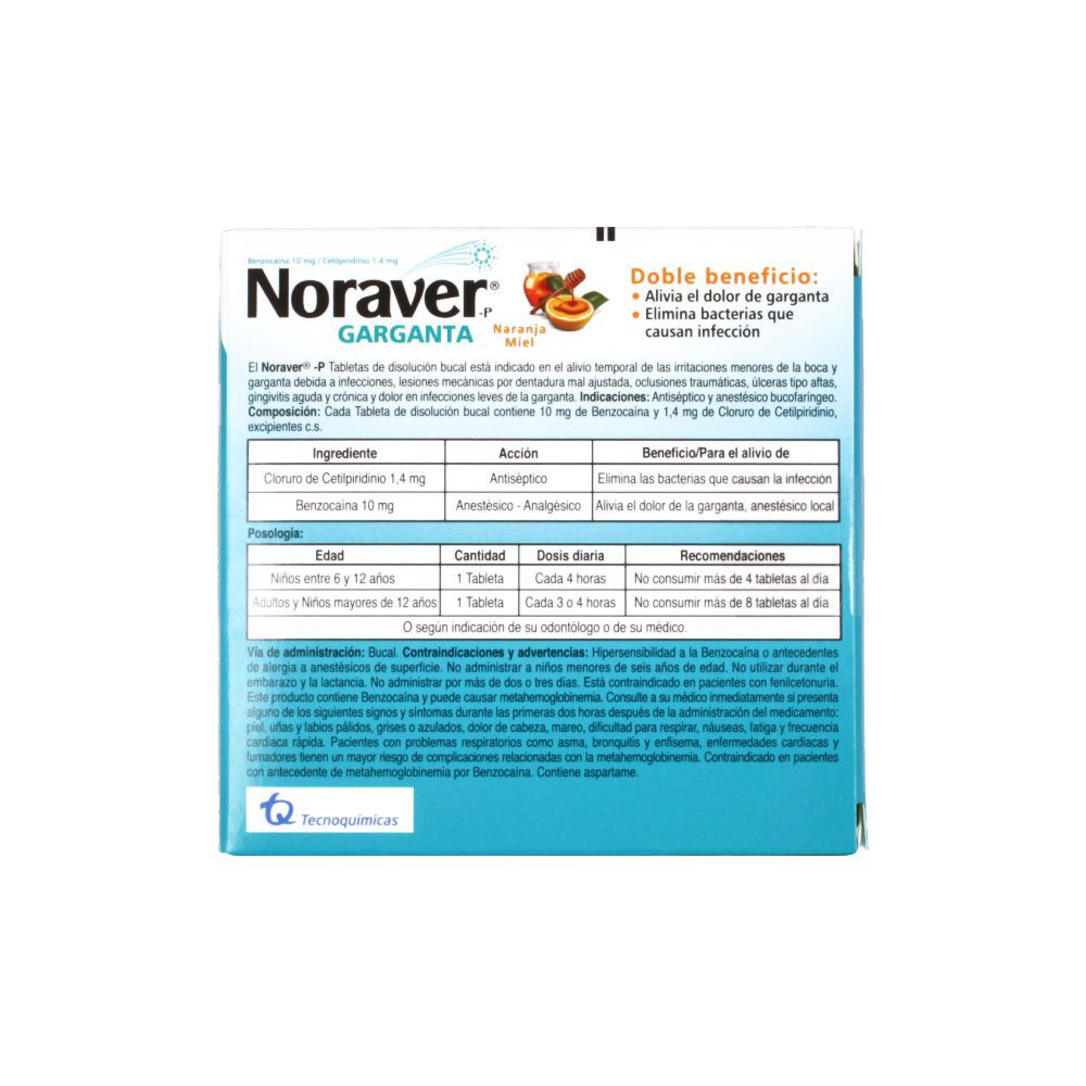 Noraver-P Garganta Tabletas Masticables Doble Beneficio Sabor Naranja ...