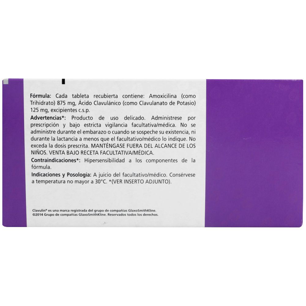 Clavulin 1G Bid 12H 875Mg+125Mg Caja X 14 Tabletas Recubiertas