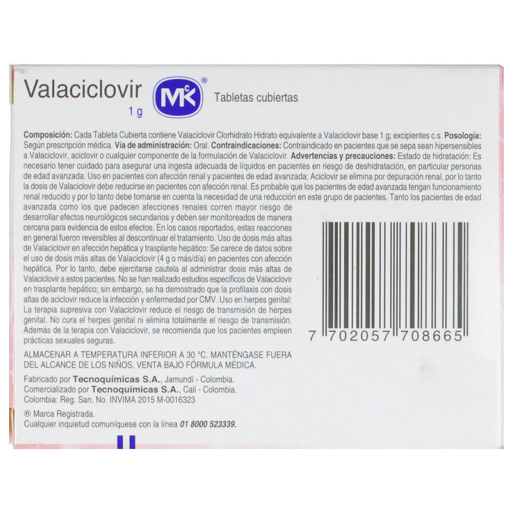 Valaciclovir Tabletas Recubiertas 1 Gr Caja X 21