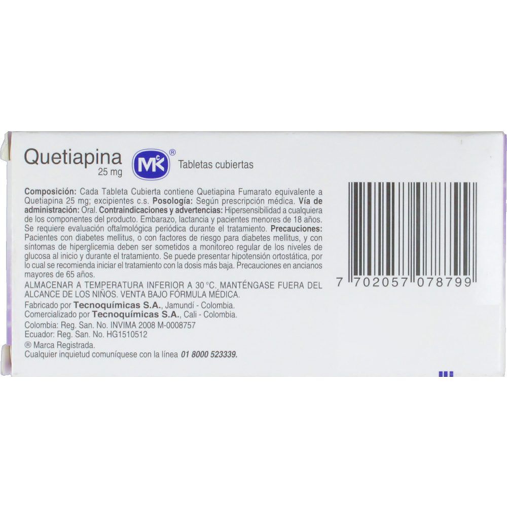 Quetiapina 25Mg Tableta Recubierta Caja X 30 Tabletas