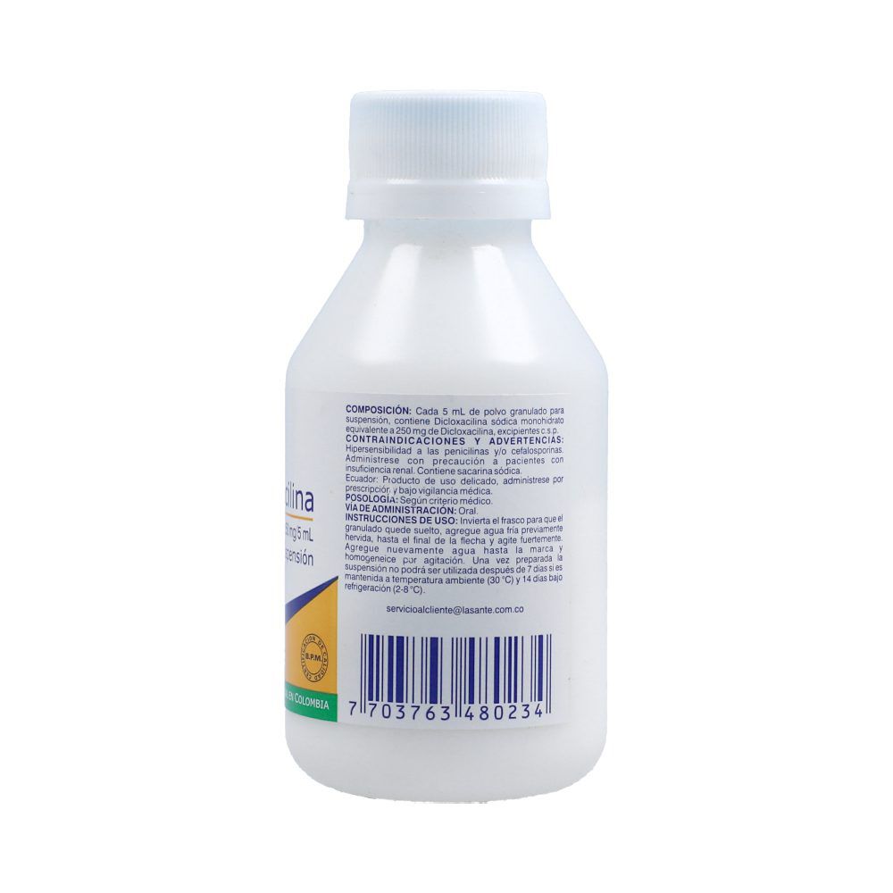 Dicloxacilina 250Mg/5mL(5%) Susp Oral La Santé Frasco X 80mL Dicloxacilina 250Mg/5mL(5%) Susp Oral La Santé Frasco X 80mL