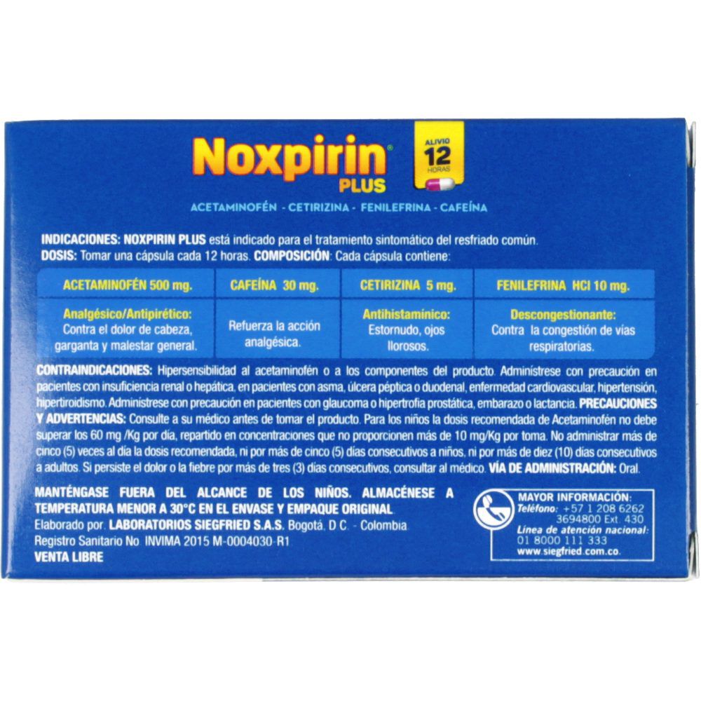 Noxpirin Plus Adultos Dia-Noche Cápsulas (500+30+5+10)Mg Caja X 6