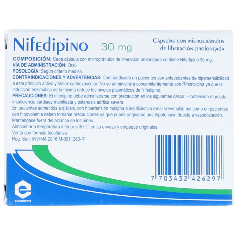 Nifedipino Cápsulas Con Microgránulos Liberación Prolongada 30Mg Caja X 30