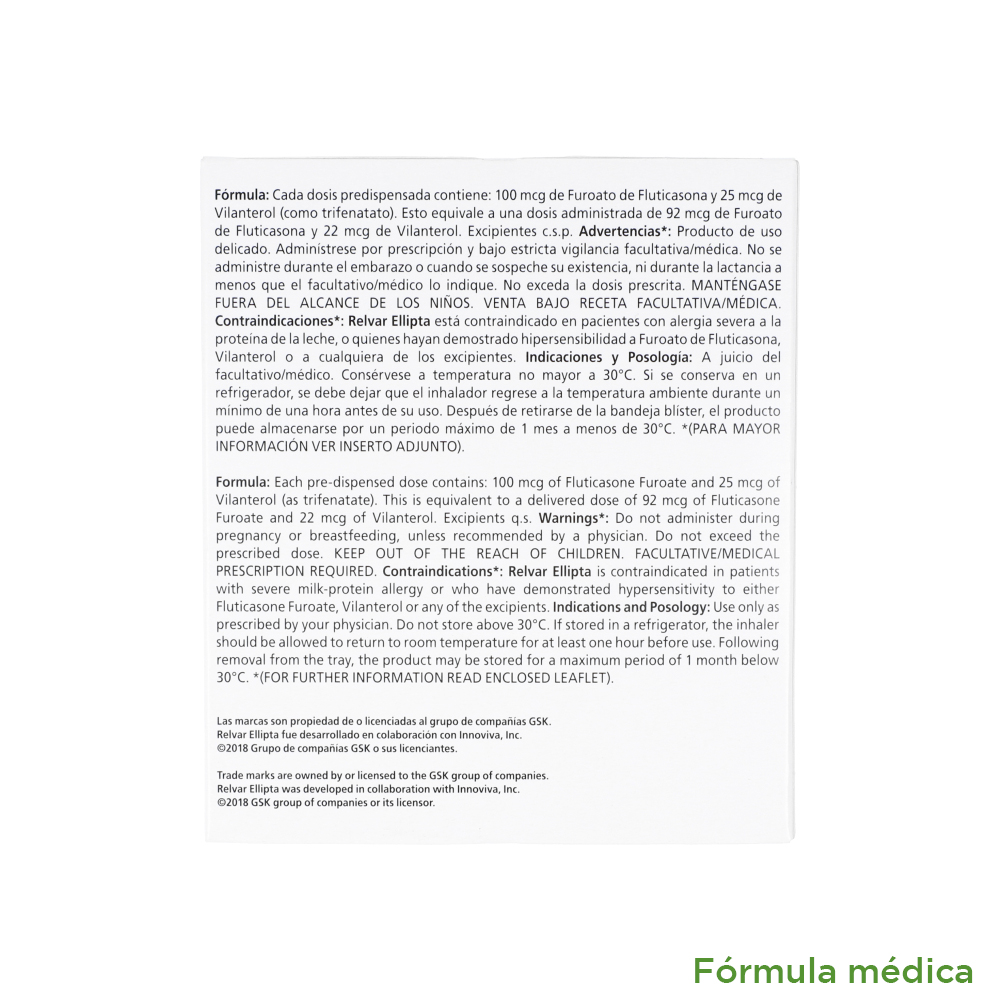 Relvar Ellipta Polvo Inhalación Oral (100+25) mcg Frasco X 30 Dosis ...
