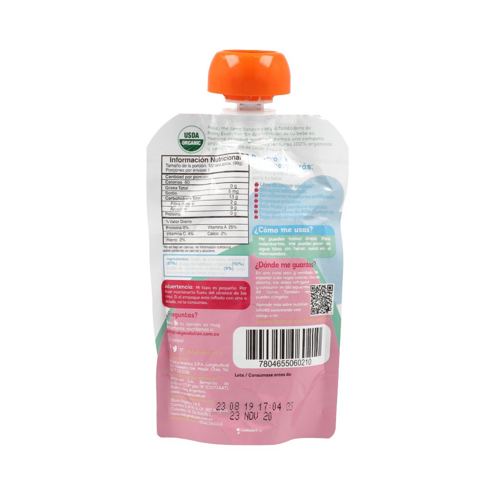 Compota Organica Baby Evolution Sobre X 99Gr Manzana Calabaza Zanahoria ...