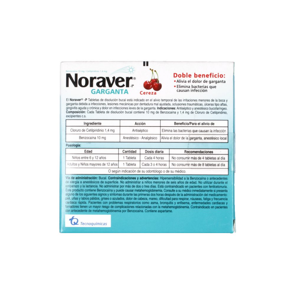 Noraver-P Garganta Tabletas Masticables Sabor a Cereza 6Mg Caja X 12 ...