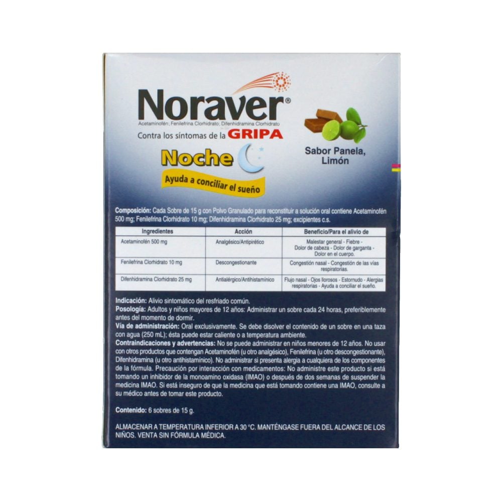 Noraver Gripa Noche (500+25+10)Mg Caja X 6 Sobres X 15 Gr Polvo | Los ...