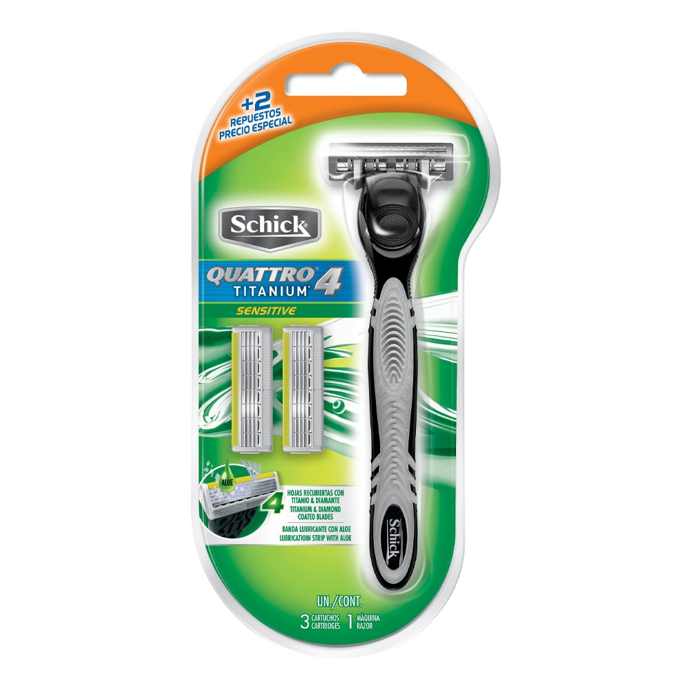 Maquina Afeitar Quattro Titanium Schick 4 Hojas Sobre X 1 X 2 Repuestos ...