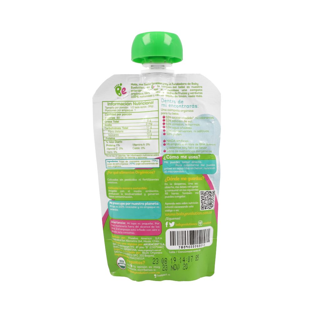 Compota Organica Baby Evolution Sobre X 99Gr Manzana Pera | Los ...
