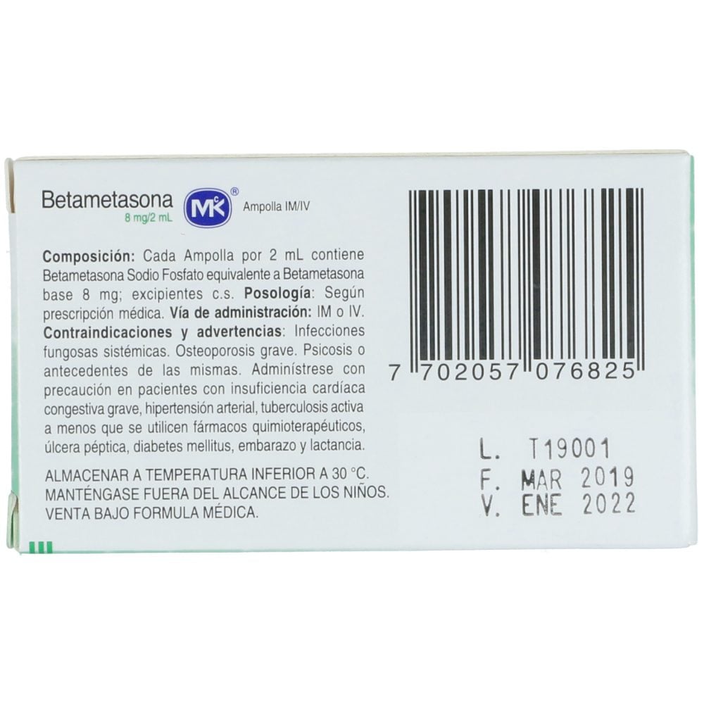Betametasona Mk 8Mg/2mL Caja X 1 Ampolla Solución Inyectable | Los ...
