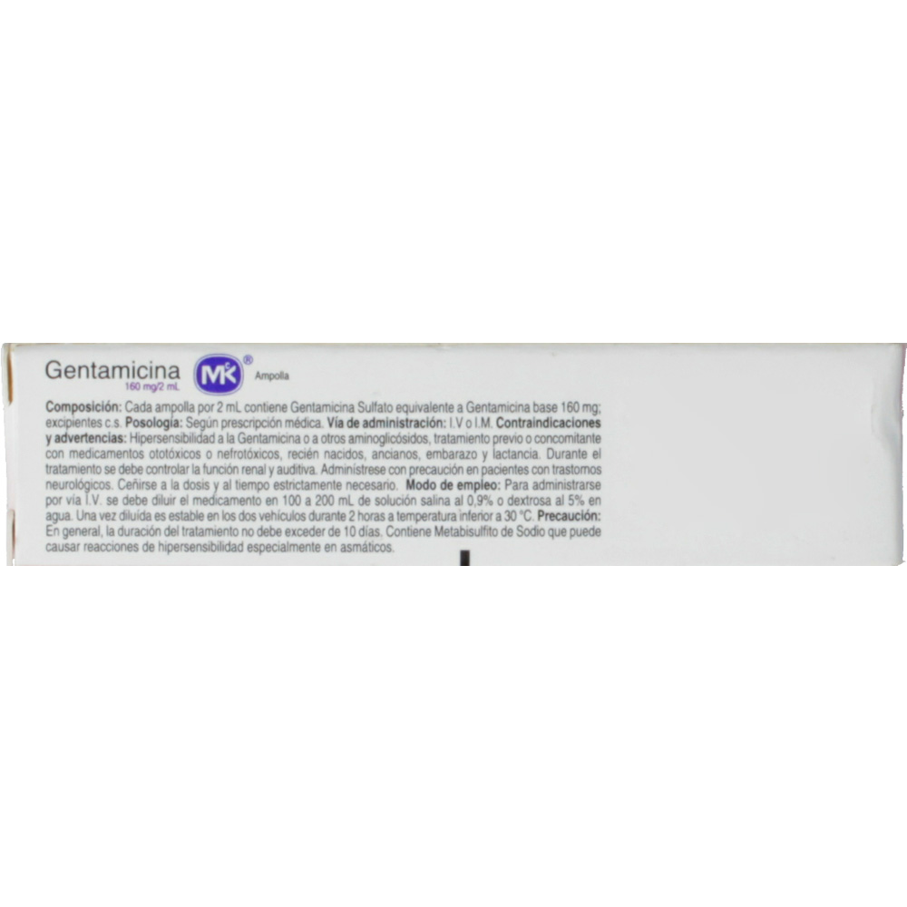 Gentamicina Solución Inyectable 160Mg/2Ml(80Mg/Ml) Ampolla X 2mL | Los ...