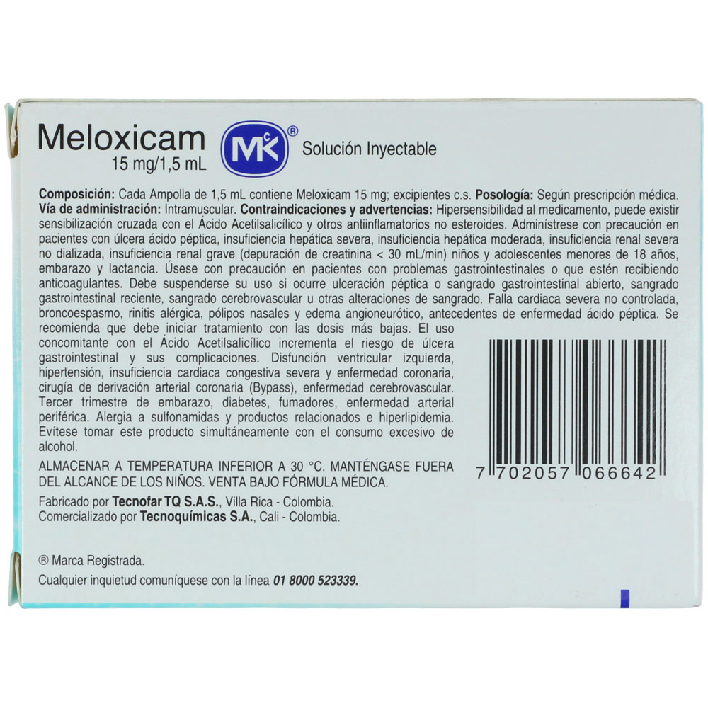 Meloxicam 15Mg/1.5Ml(10Mg/Ml) Solución Inyectable Caja X 3 Ampollas ...