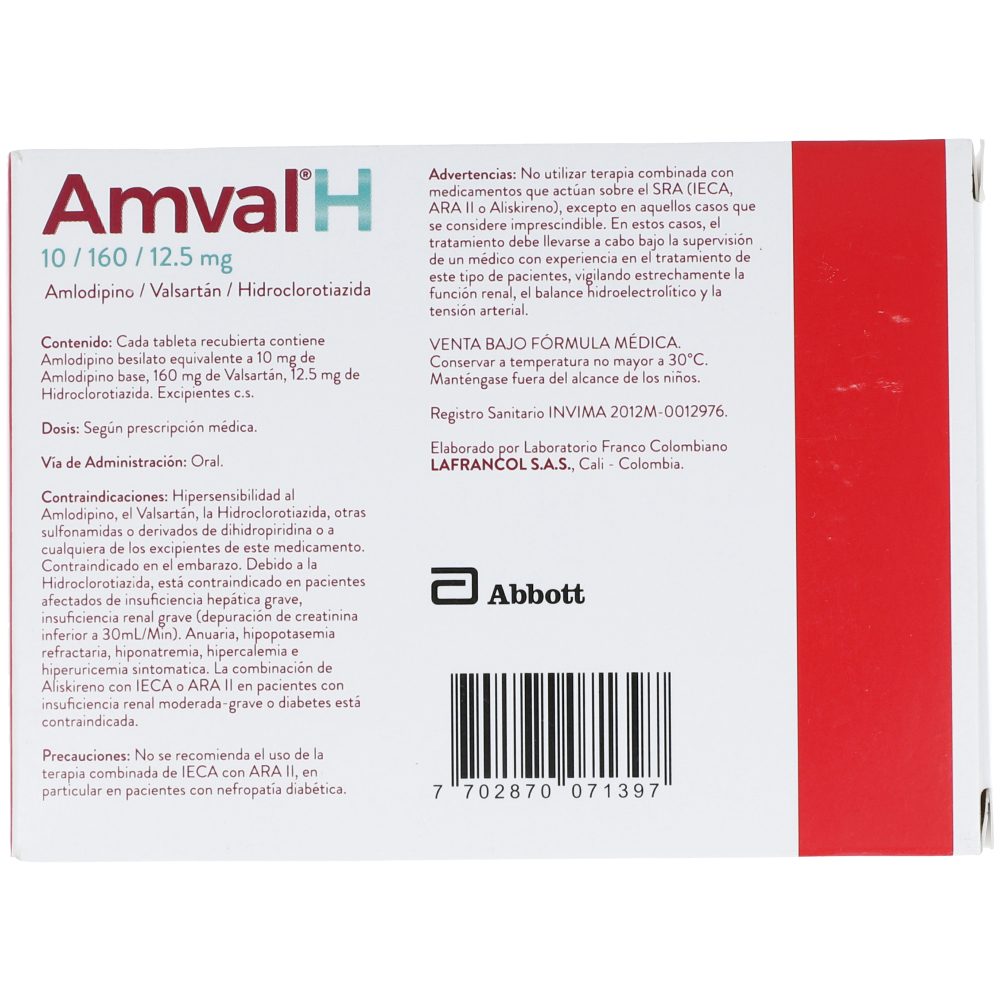 Amval H (10+12.5+160)Mg Tabletas Recubiertas Caja X 28 | Los expertos ...