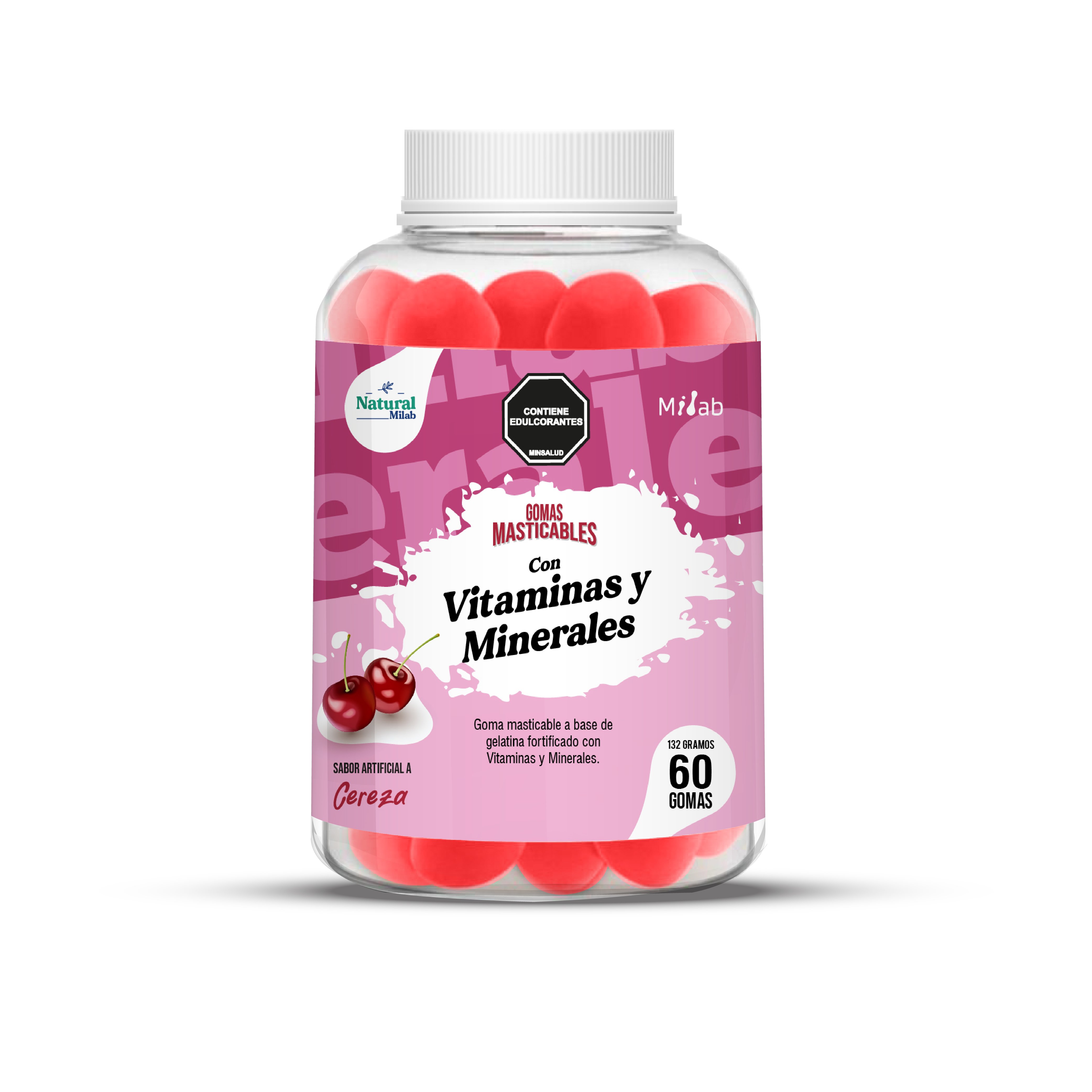 Gomas Masticables Natural Milab Vitaminas Y Minerales Frasco X 60 Cereza | Cruz Verde