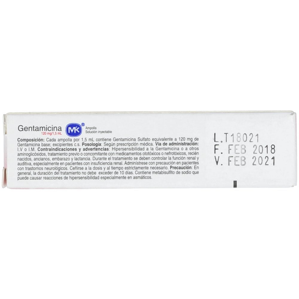 Gentamicina 120Mg Solución Inyectable Mk X 1 Ampolla X 1.5mL | Los ...