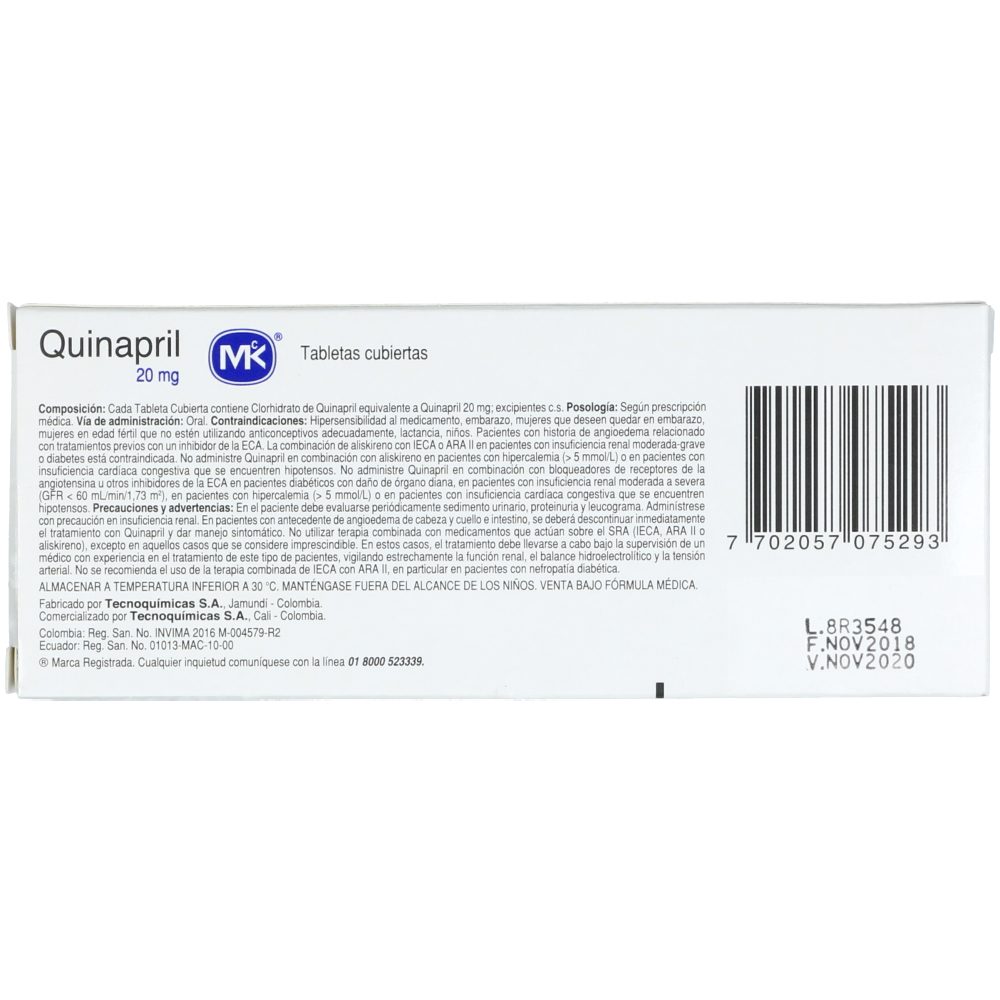 Quinapril Tabletas Cubiertas 20Mg Caja X 10 | Los expertos en ahorro ...
