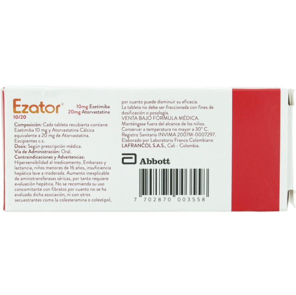 Ezator Tabletas Recubiertas 10Mg+20Mg Caja X 28 | Los expertos en ...