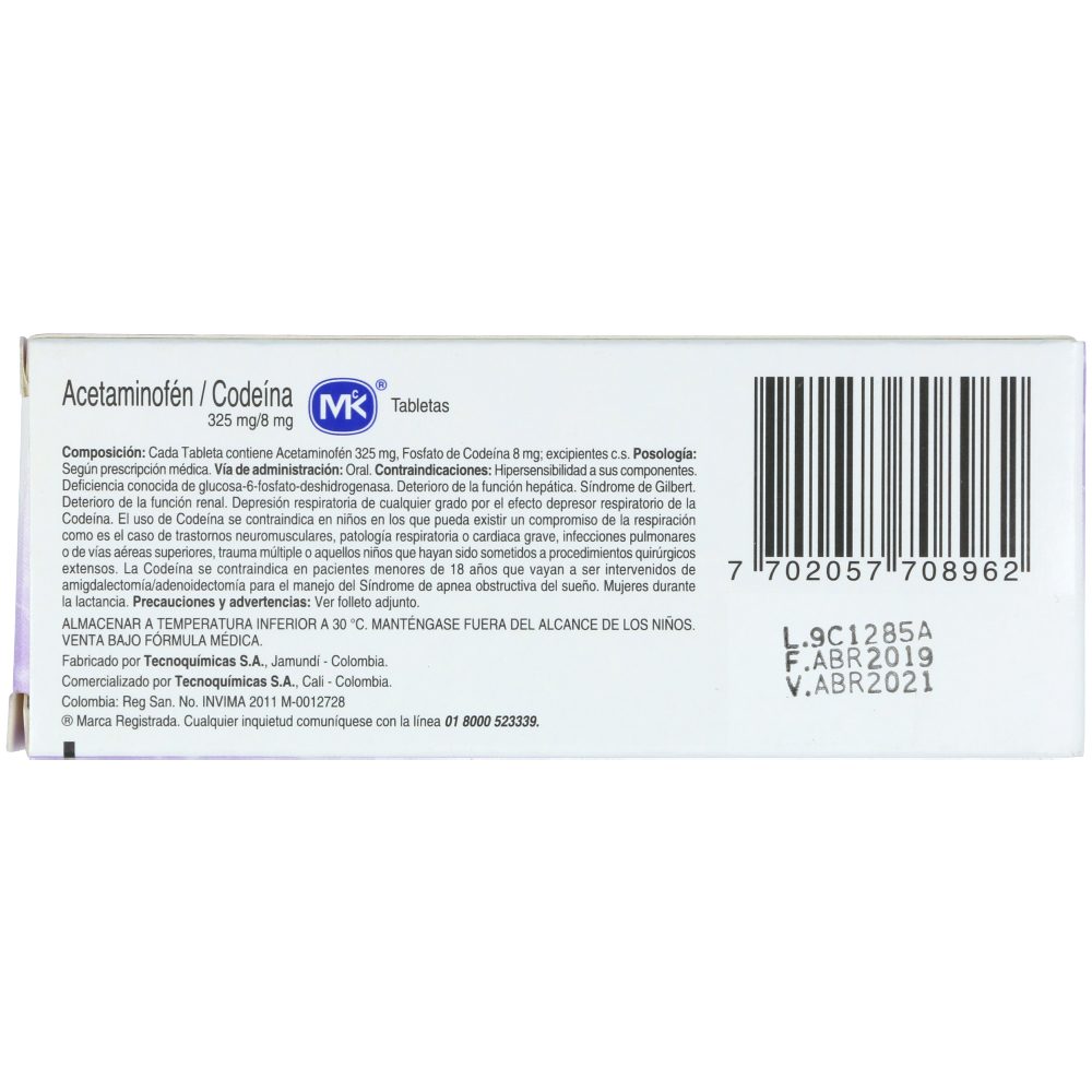Acetaminofén/Codeina Mk (325/8)Mg Caja X 20 Tabletas | Los expertos en ...