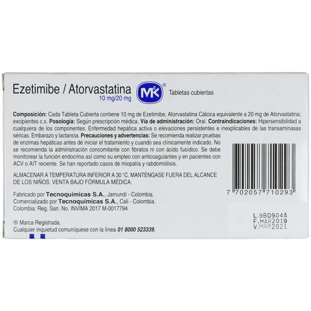 Atorvastatina+Ezetimibe Mk (20+10)Mg Caja X 30 Tabletas Recubiertas | Los expertos en ahorro ...